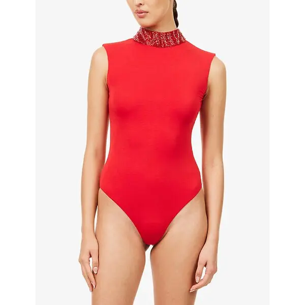 GRACE FAENA Zebra Pearl Embellished Leather And Silk-jersey Top