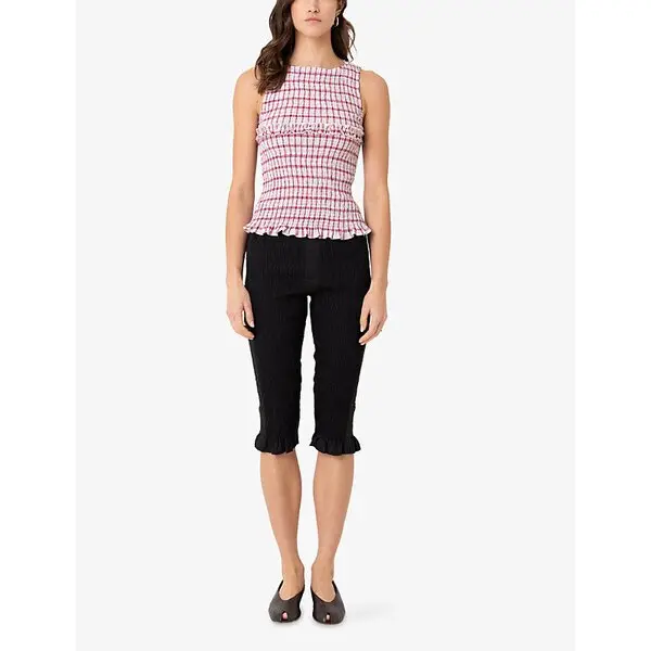 AMY LYNN Mona Windowpane Check Smocked Cotton Top - Red