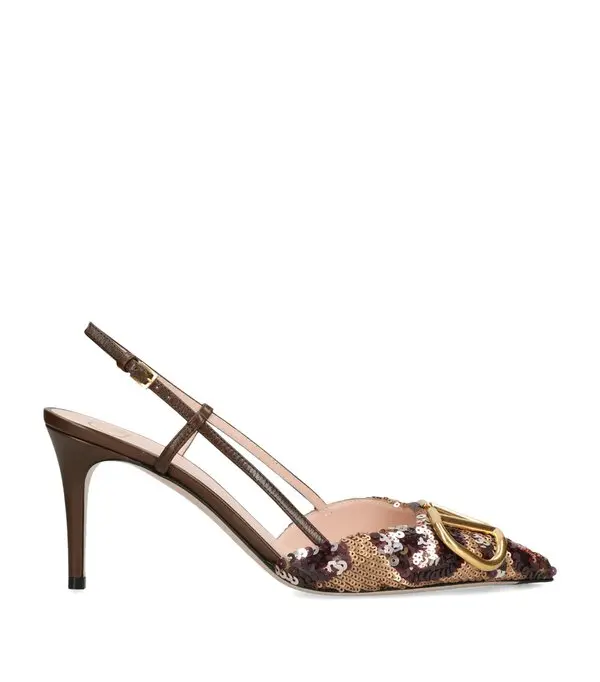 Valentino Garavani Sequin-embellished Vlogo Slingback Pumps - Brown