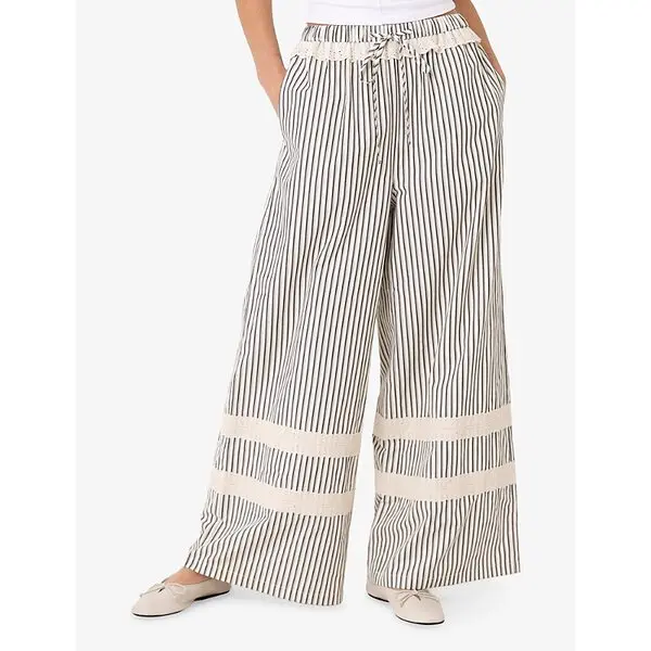 AMY LYNN Striped Wide-leg Cotton Trousers With Broderie Trim
