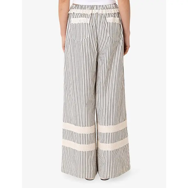 AMY LYNN Striped Wide-leg Cotton Trousers With Broderie Trim