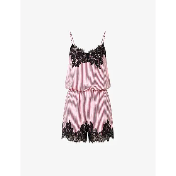 AMY LYNN Striped Lace-trimmed Satin Playsuit - Pink