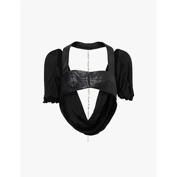 GRACE FAENA Zebra Pearl-embellished Leather And Silk-jersey Halter Top - Noir