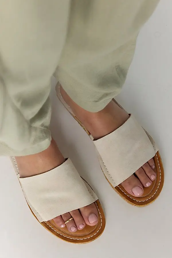 Free People Artisanal Suede Slide Sandals With Contrast Stitching - Linen