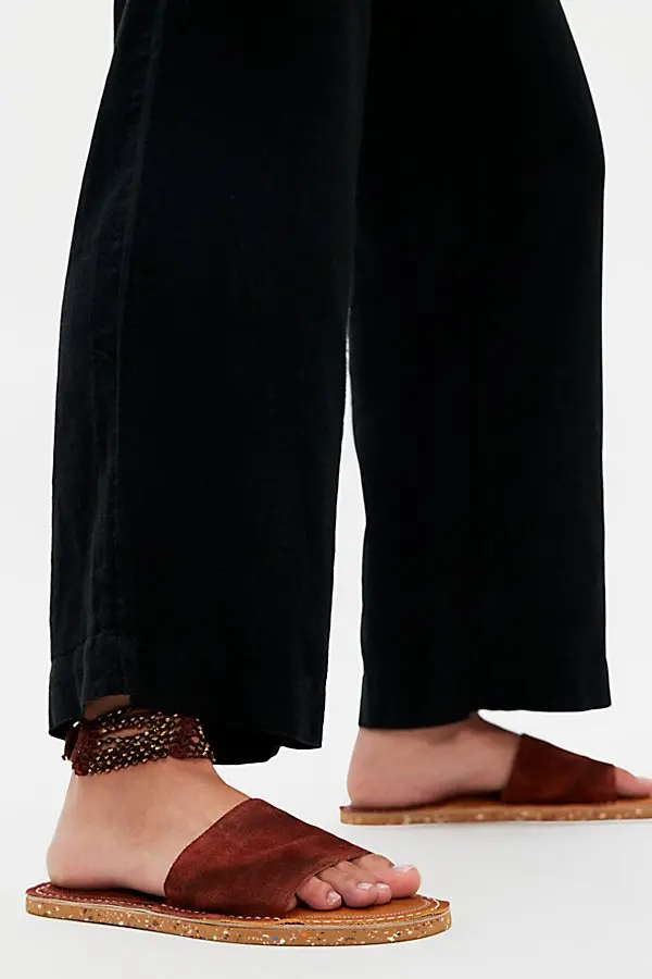 Free People Artisanal Suede Slide Sandals With Contrast Stitching - Rust
