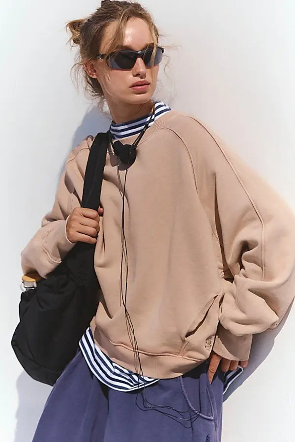Free People Trackline Crewneck Sweatshirt - Sandy