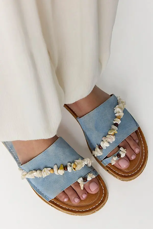 Free People Artisanal Suede Toe Ring Sandals With Shell Embellishments - Blue Sky