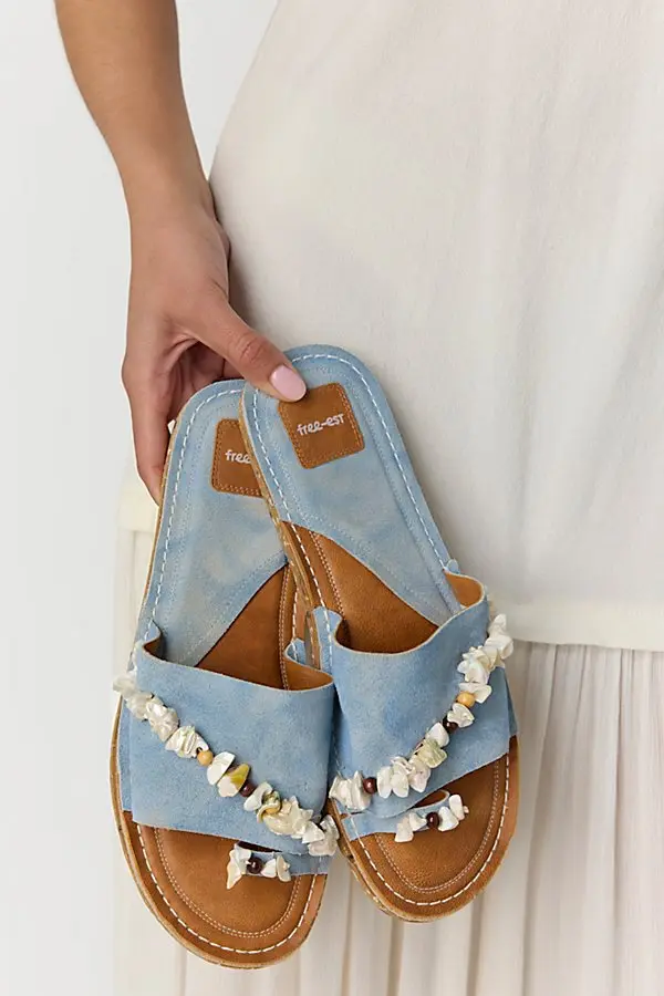 Free People Artisanal Suede Toe Ring Sandals With Shell Embellishments - Blue Sky