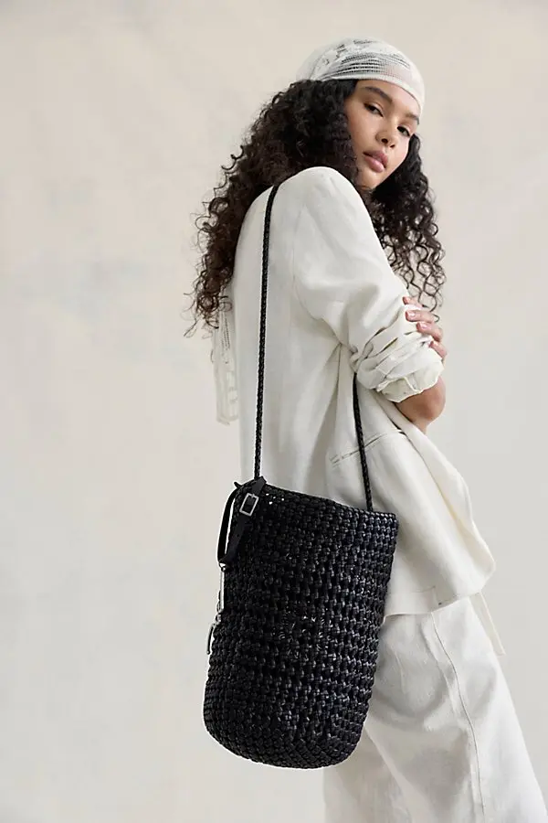 Free People Woven Bucket Bag With Drawstring Closure - Black