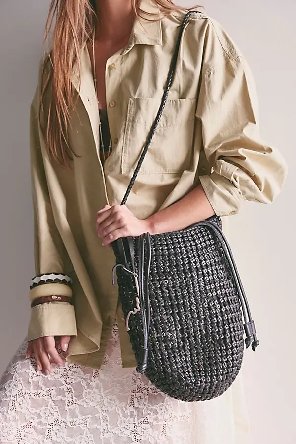 Free People Woven Bucket Bag With Drawstring Closure