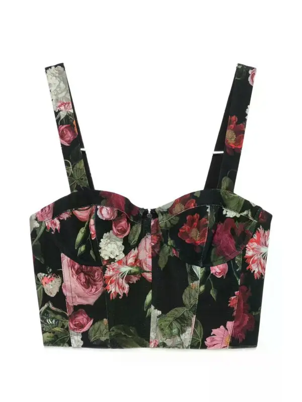 Alice + Olivia Floral Print Sweetheart Neck Cropped Top - Black