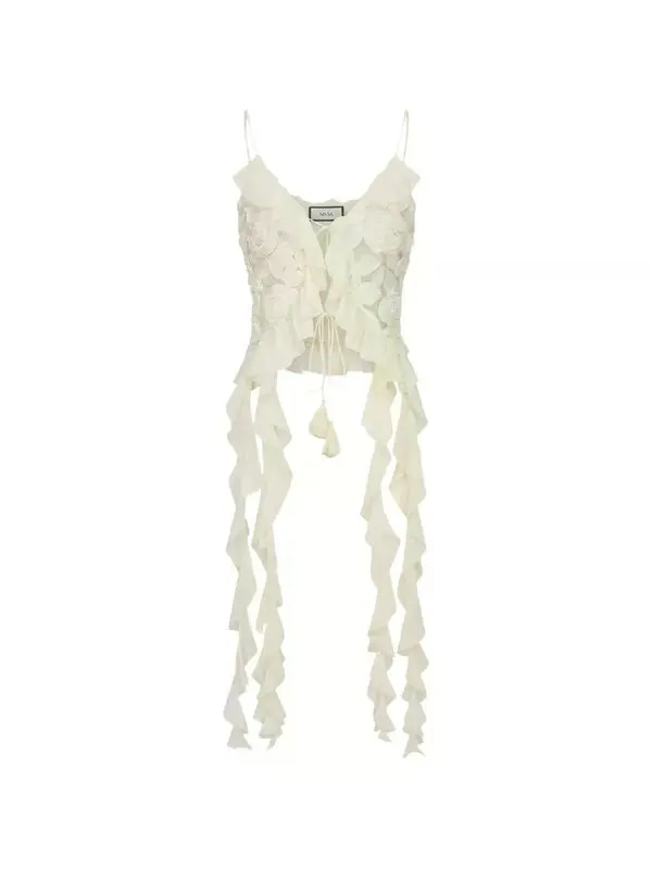 NISSA Ruffled Floral Appliqué Top With Tassel Details - Neutrals