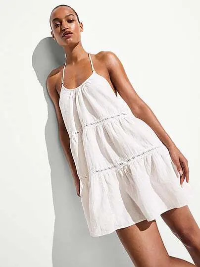 Victoria's Secret Swim Beachwear Cotton Gauze Tiered Mini Dress - White,ivory