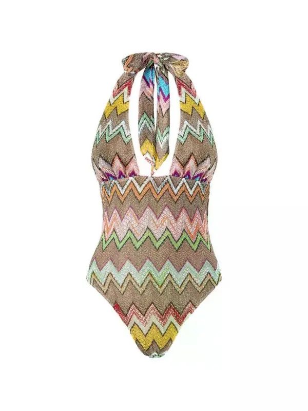 Missoni Zigzag-knit Halterneck Swimsuit - Neutrals