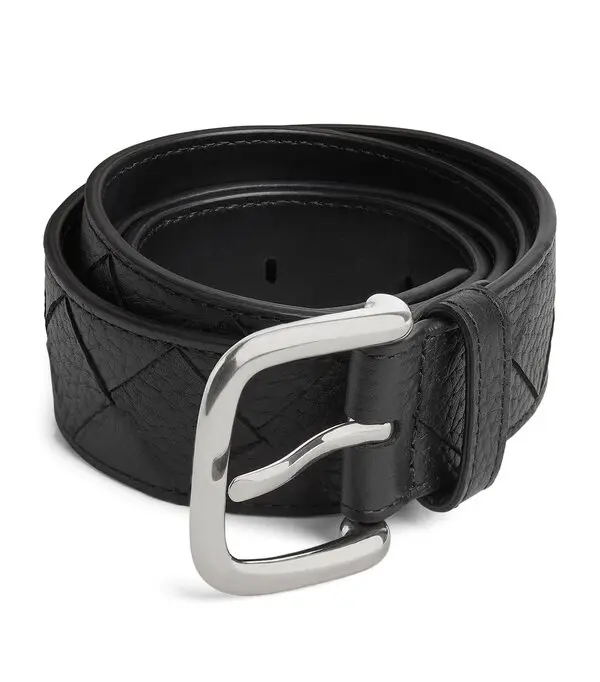 Bottega Veneta Grained Leather Intrecciato Belt - Grey