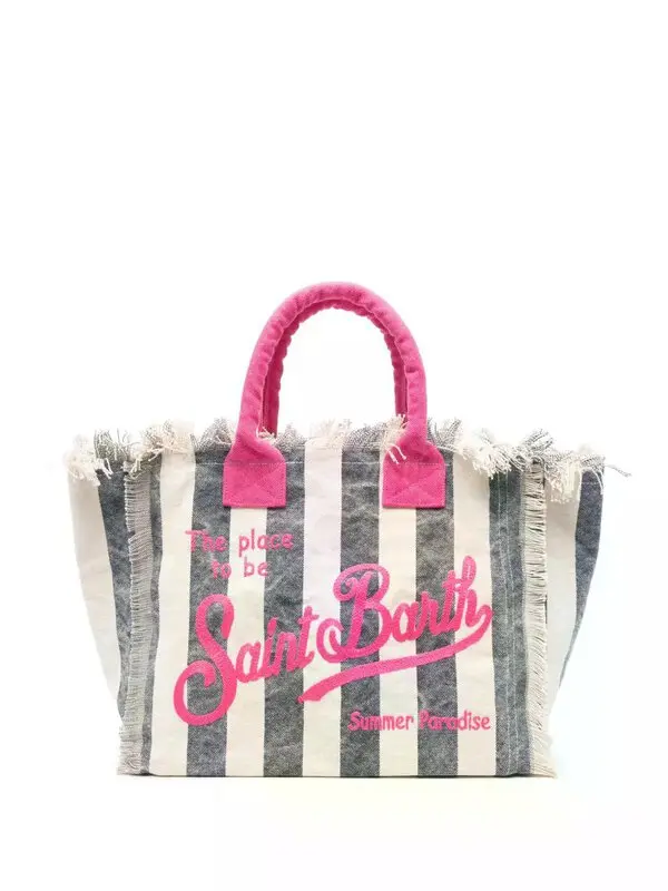 MC2 SAINT BARTH Vanity Striped Frayed-edge Beach Bag - White