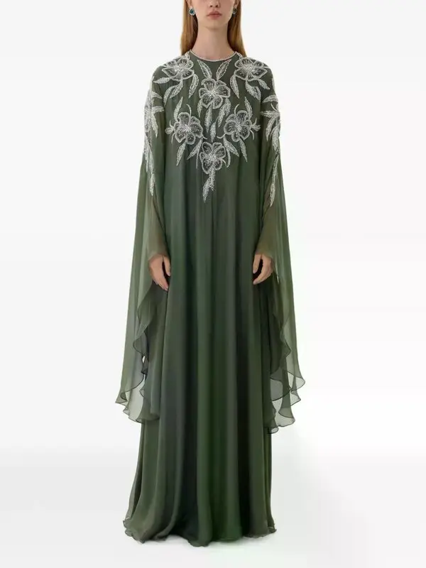 DINA MELWANI Floral Crystal-embellished Cape-sleeve Maxi Dress - Green