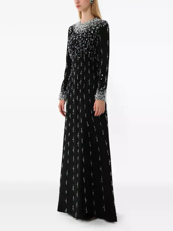 DINA MELWANI Crystal Embellished Long Sleeve Maxi Dress