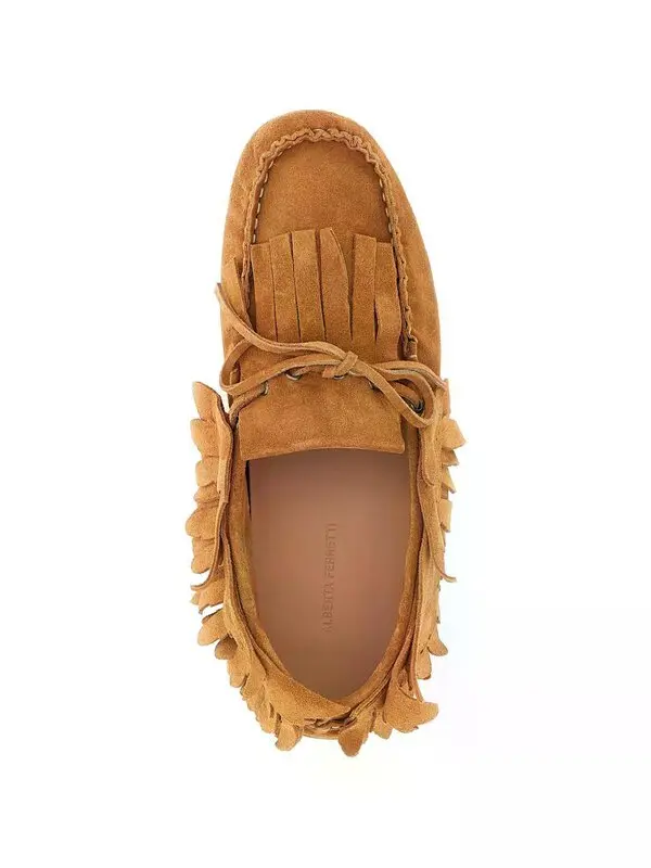 Alberta Ferretti Fringe-trimmed Leather Loafers With Bow Detailing