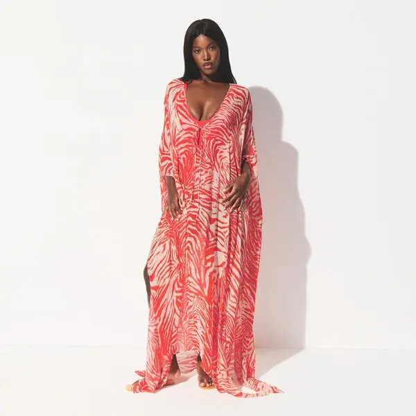 SKIMS Sheer Long Kaftan | Red | | Swim Cover Ups - Carmine Zebra Print
