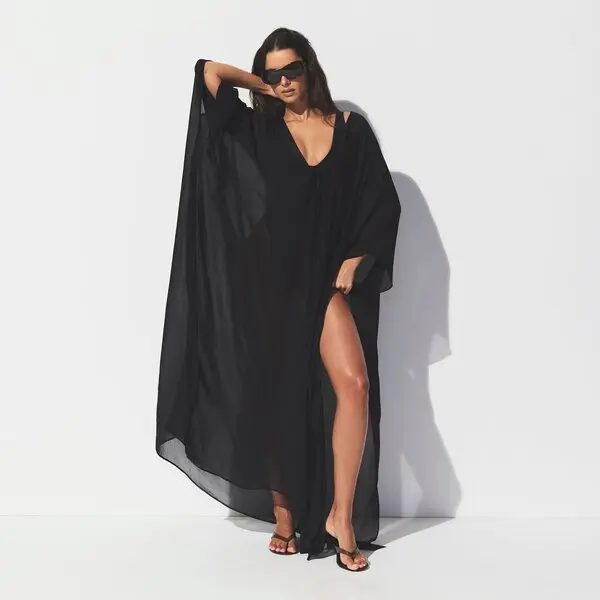 SKIMS Sheer Long Kaftan | Black | | Swim Cover Ups - Obsidian