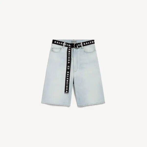 Balenciaga Belted Denim Shorts With Unity Artwork - Blue