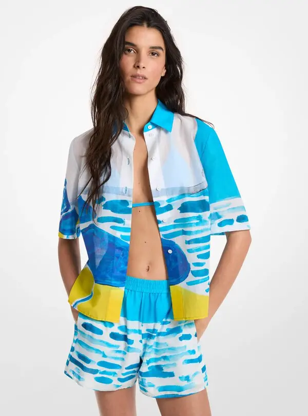 Michael Kors X Christina Zimpel Cotton Lawn Shirt With Beach Scene Print - White