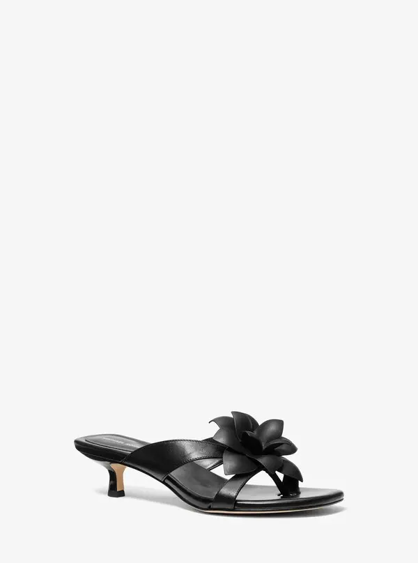Michael Kors Jacie Floral Embellished Leather Kitten Heel Sandal - Black