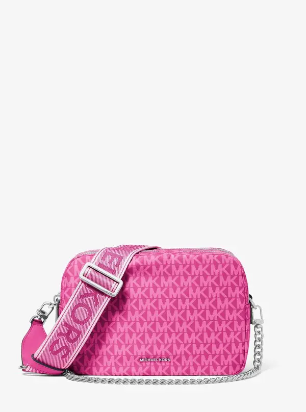 Michael Kors Bryant Medium Signature Logo Print Woven Camera Crossbody Bag - Pink