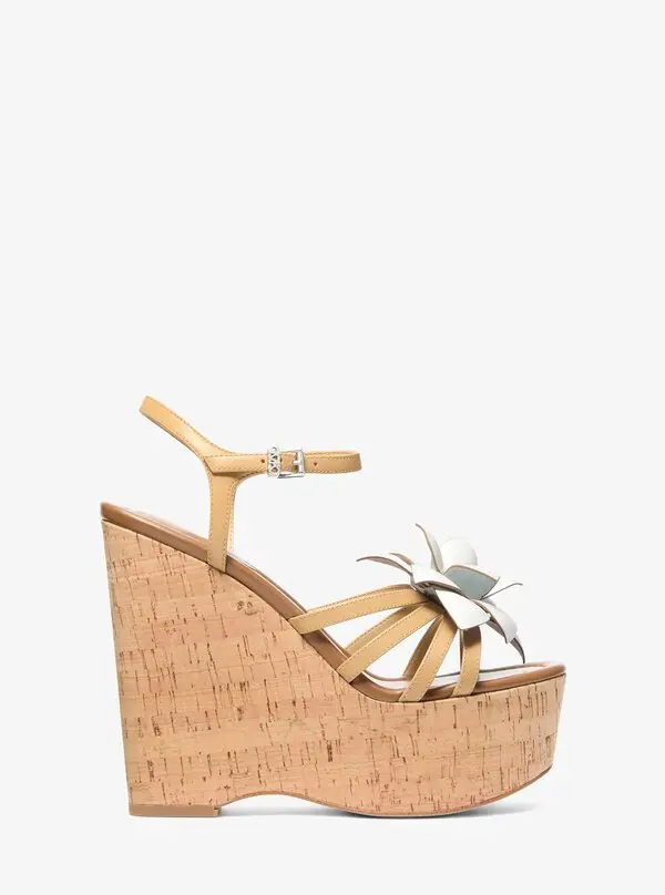 Michael Kors Jacie Floral Embellished Leather Wedge Sandal - Brown