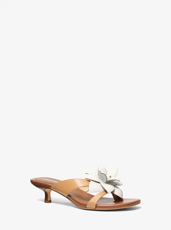 Michael Kors Jacie Floral Embellished Leather Kitten Heel Sandal - Brown