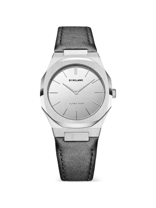 D1 MILANO Ultra Thin 34mm Watch With Leather Strap - Silver