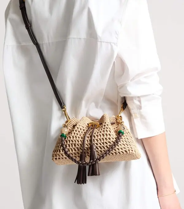JIMMY CHOO Small Cinch Raffia Shoulder Bag - Beige
