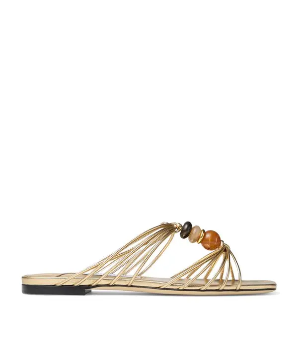 JIMMY CHOO Lova Metallic Leather Flat Sandals With Beaded Straps - Gold