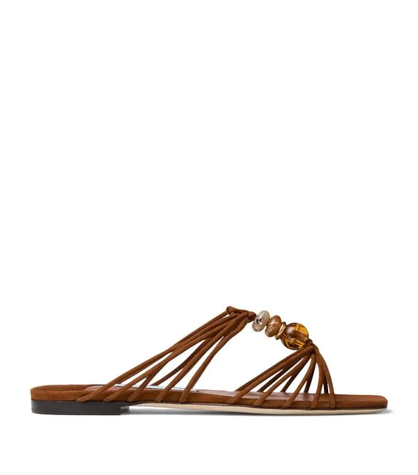 JIMMY CHOO Lova Suede Flat Mules With Beaded Straps - Brown