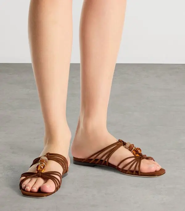 JIMMY CHOO Lova Suede Flat Mules With Beaded Straps - Brown