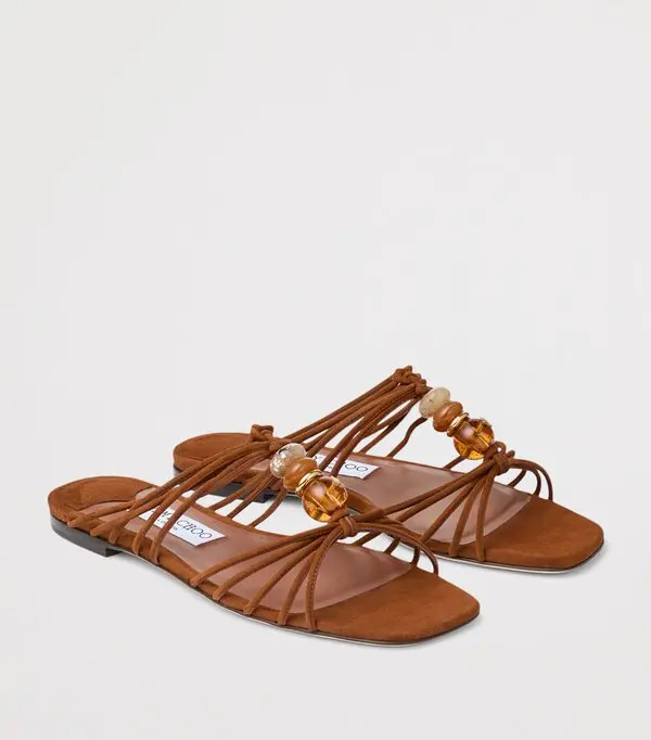 JIMMY CHOO Lova Suede Flat Mules With Beaded Straps - Brown