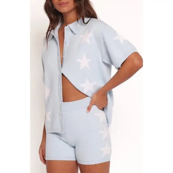 PETAL & PUP Lela Collared Short Sleeve Cardigan - Light Blue Stars