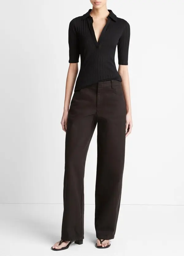 Vince Cotton Elbow-sleeve Polo Shirt With Plunge Neckline
