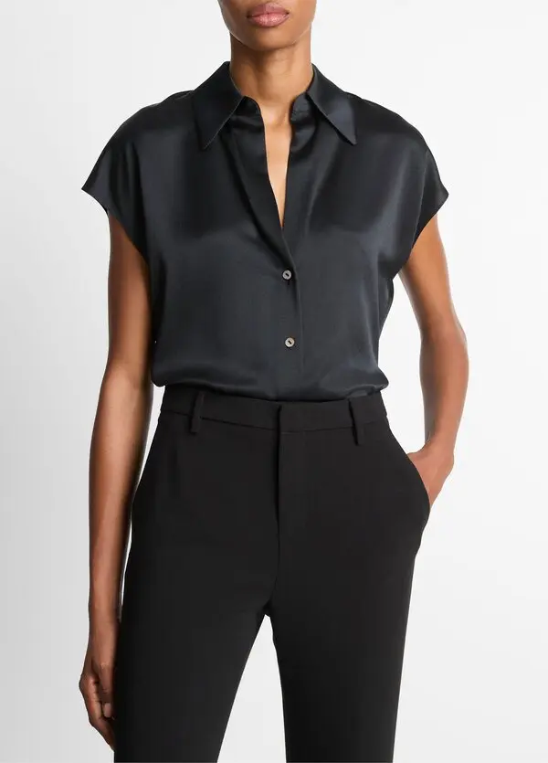 Vince Silk Cap-sleeve Blouse - Black