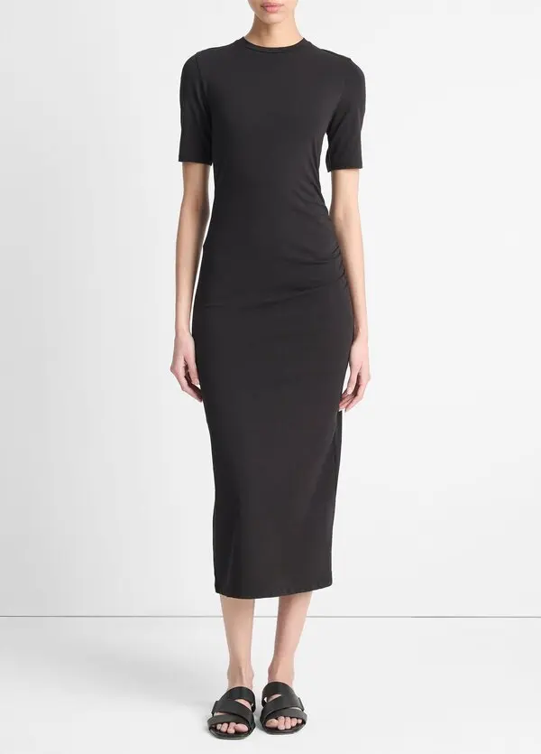 Vince Pima Cotton Blend Side-drape Elbow-sleeve Dress - Black