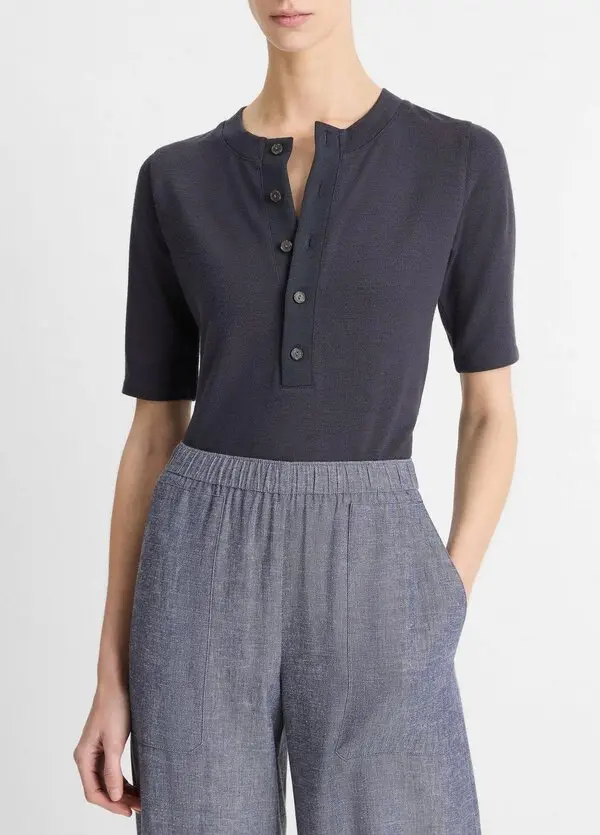 Vince Jersey Elbow-sleeve Henley - Night Lake