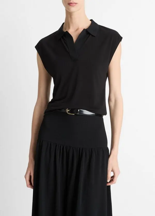 Vince Matte Jersey Cap-sleeve Polo Top - Black