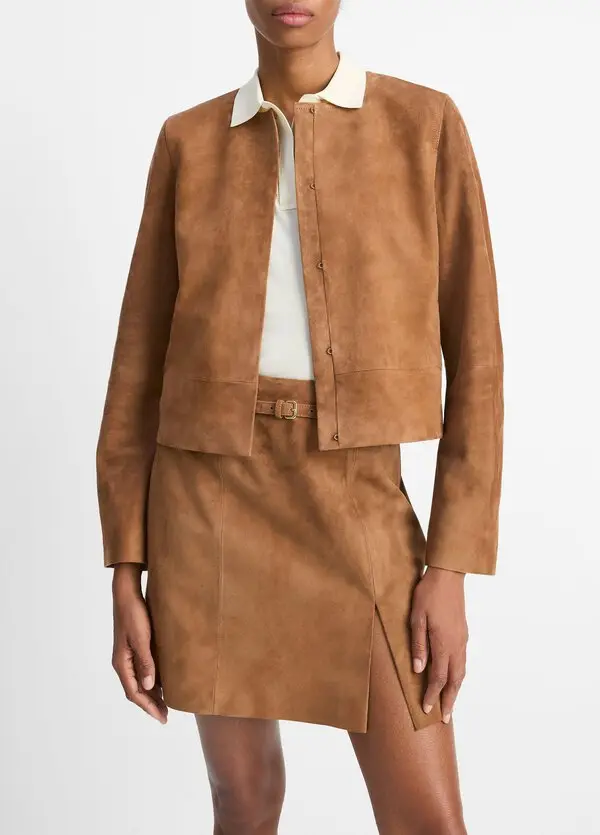 Vince Collarless Cropped Suede Jacket - Camarillo