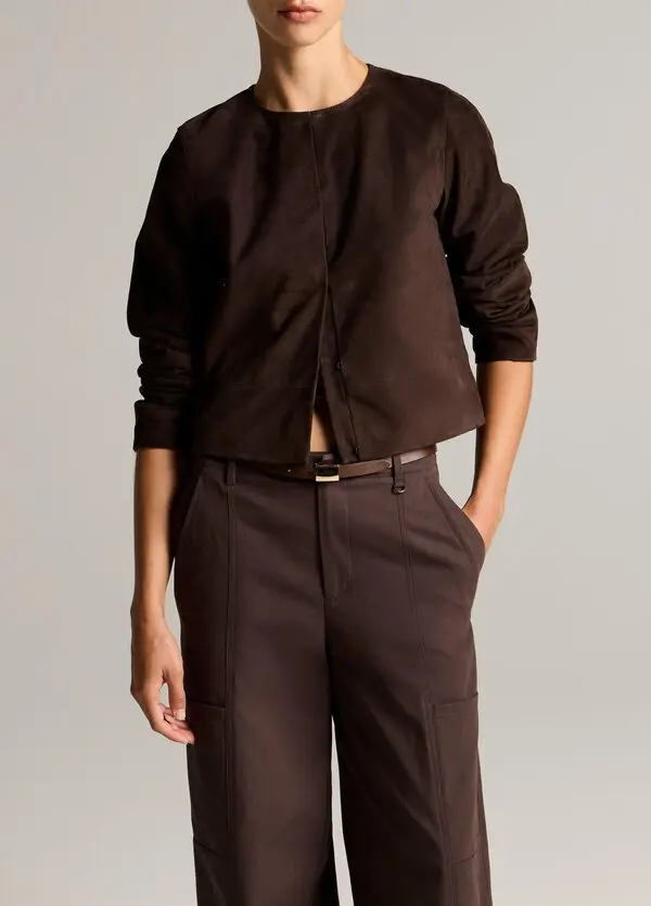 Vince Collarless Cropped Suede Jacket - Iron
