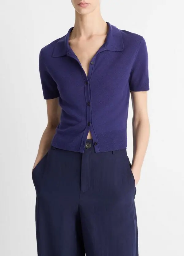 Vince Wool-blend Collared Button-front Sweater - Deep Iris