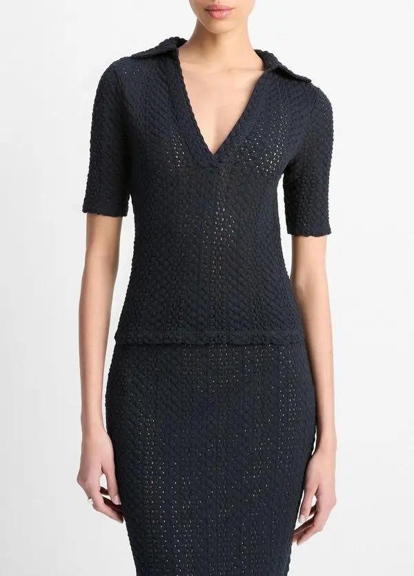 Vince Textural Cotton Elbow-sleeve Polo Top