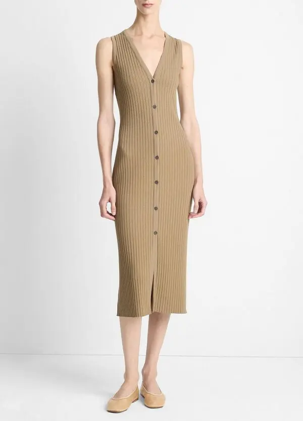 Vince Ribbed Cotton-blend Button-front Midi Dress - Tapenade