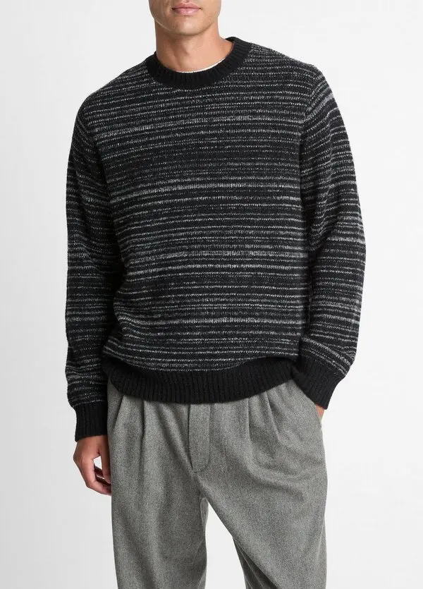 Vince Marled Stripe Merino Wool-blend Sweater - Black/medium Heather Grey