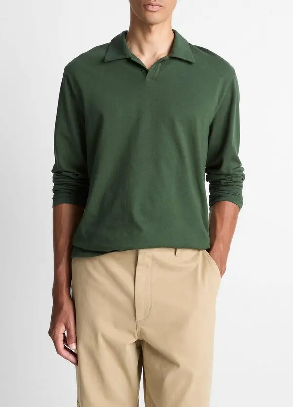 Vince Garment Dye Cotton Johnny-collar Polo Shirt - Washed Dark Leaf